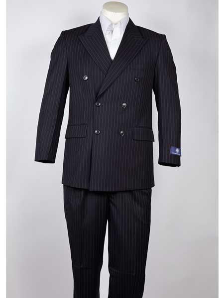 Men's Dark Navy Pinstripe 6 Button Slim Fit Peak Lapel Suit - Dark Blu ...