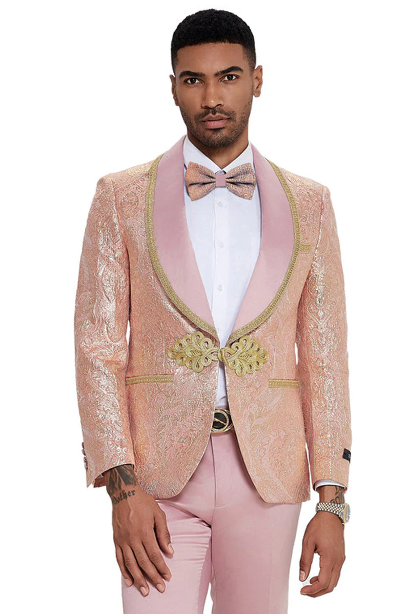 Mens One Button Shawl Lapel Wedding Prom Tuxedo in Shiny Pink Paisley ...