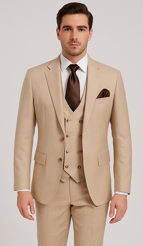 Rossi Man Max RM1391 – Slim Fit 3-Piece Men’s Suit in Solid Beige — MensUSA