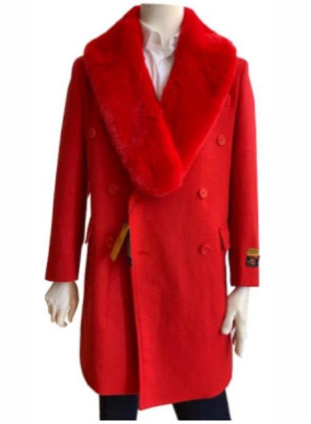Red Mens Overcoat - Double Breasted Peacoat With Fur Collar — MensUSA