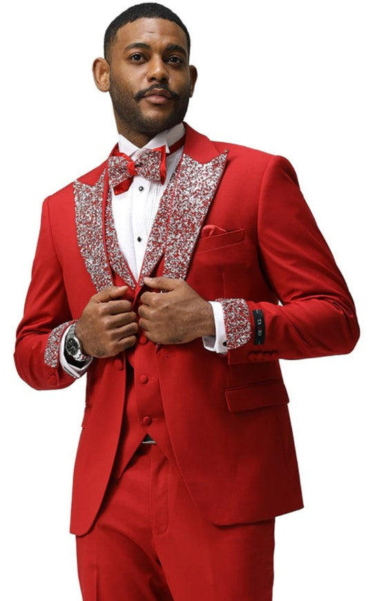 Red Prom Tuxedo - Perfect Wedding Suit Vested Rhinestone Lapelled — MensUSA