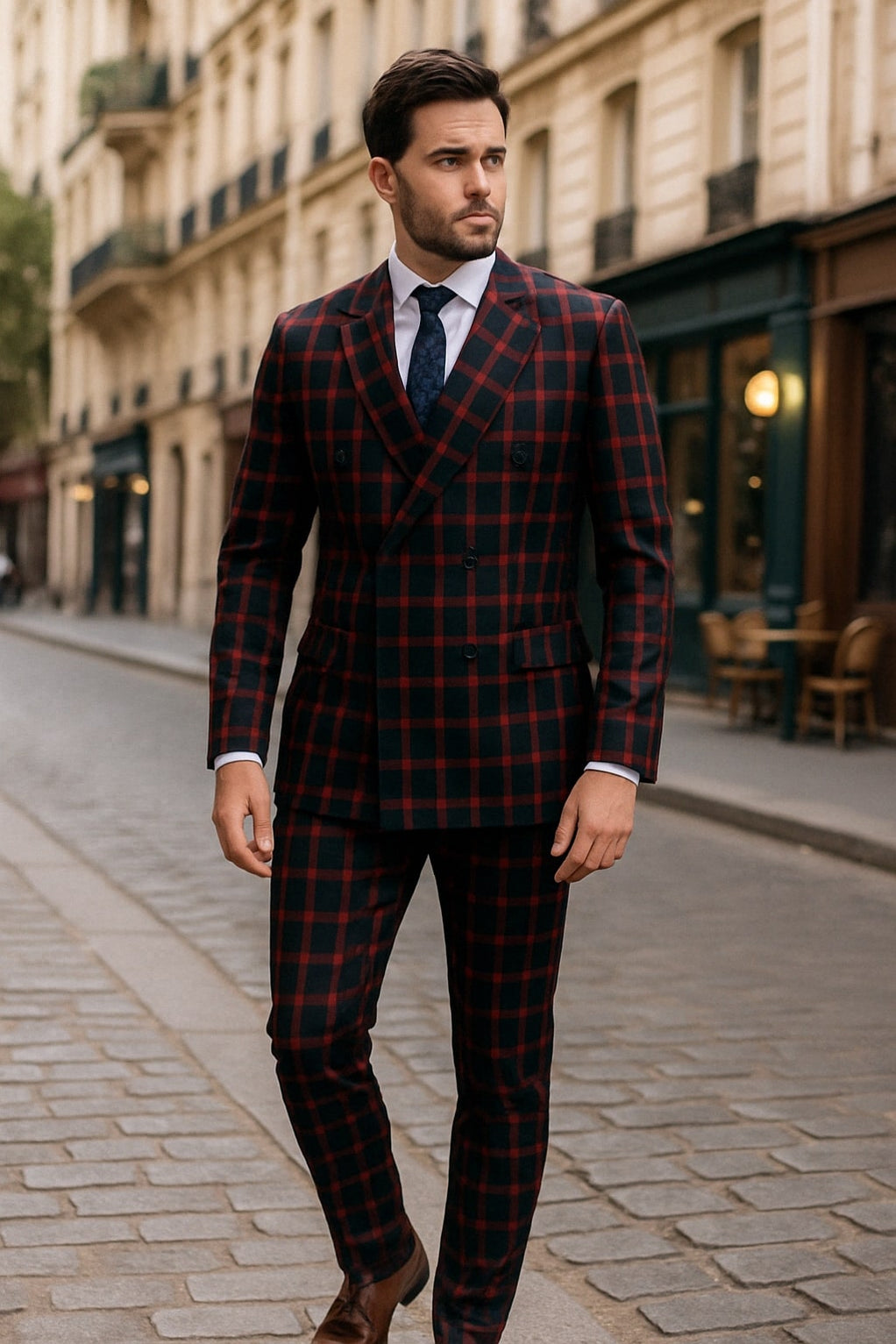 Mens Red and Black Plaid Double-Breasted Suit – Slim Fit Checkered 2 P ...