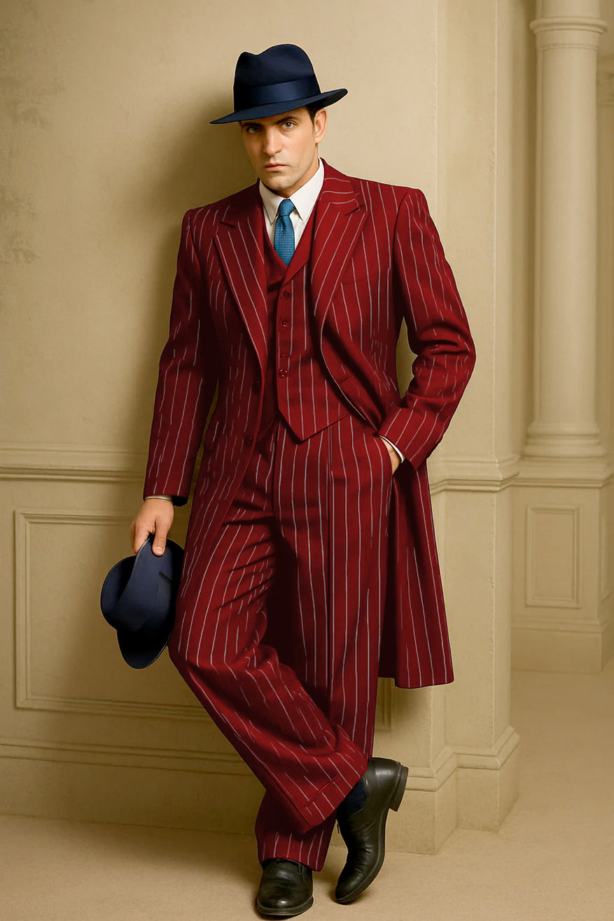 Mens Red Pinstripe Suit – Classic Long Coat Style with White Stripes ...