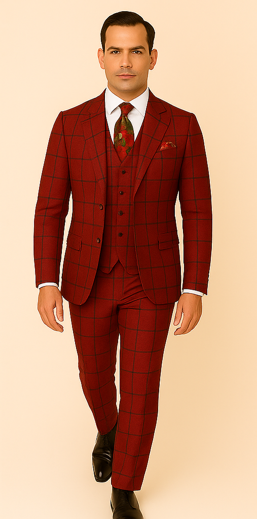 Rossiman Suit – Red & Blue Plaid Windowpane Double-Breasted Suit for M ...