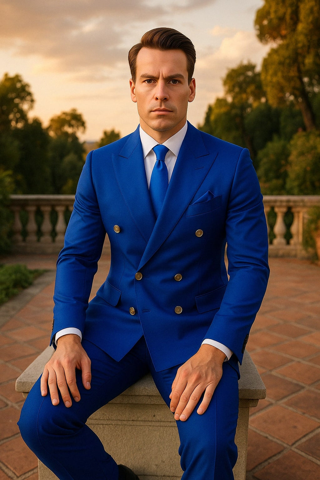 Mens Royal Blue Double-Breasted Suit with Gold Buttons – Slim Fit Form ...
