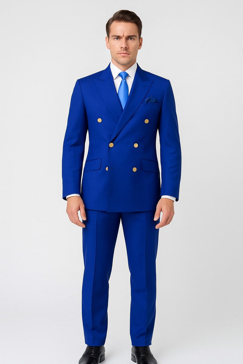 Mens Royal Blue Double-Breasted Suit with Gold Buttons – Slim Fit Form ...