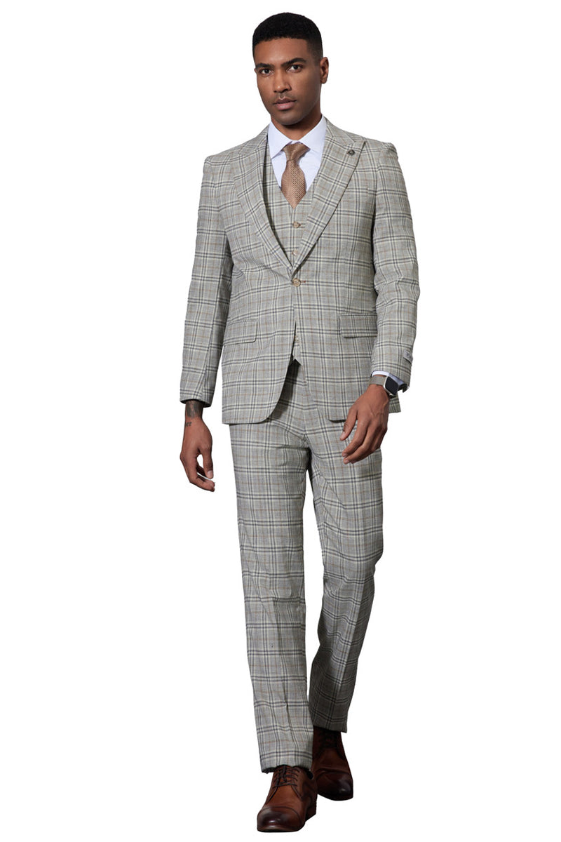 Men's Stacy Adams One Button Peak Lapel Vested Glen Plaid Suit in Grey ...