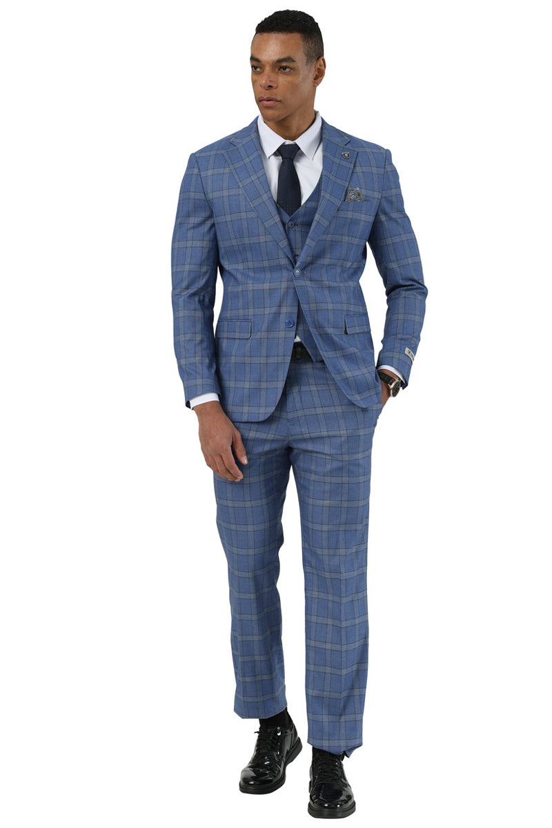 Men's Designer Stacy Adams Vested Glen Plaid Suit in Blue — MensUSA