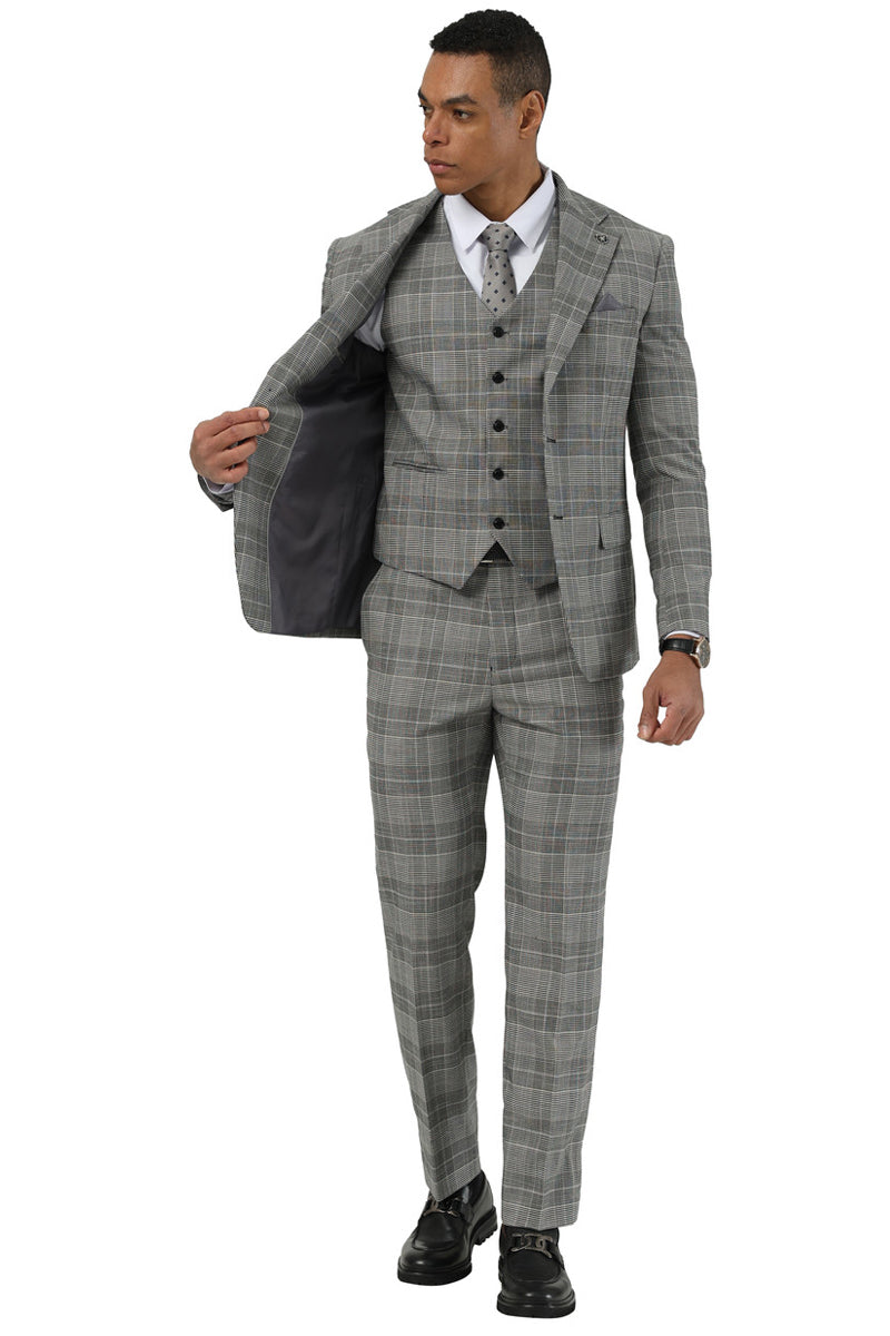 Men's Stacy Adams Two Button Wide Notch Lapel Vested Suit in Grey Glen ...