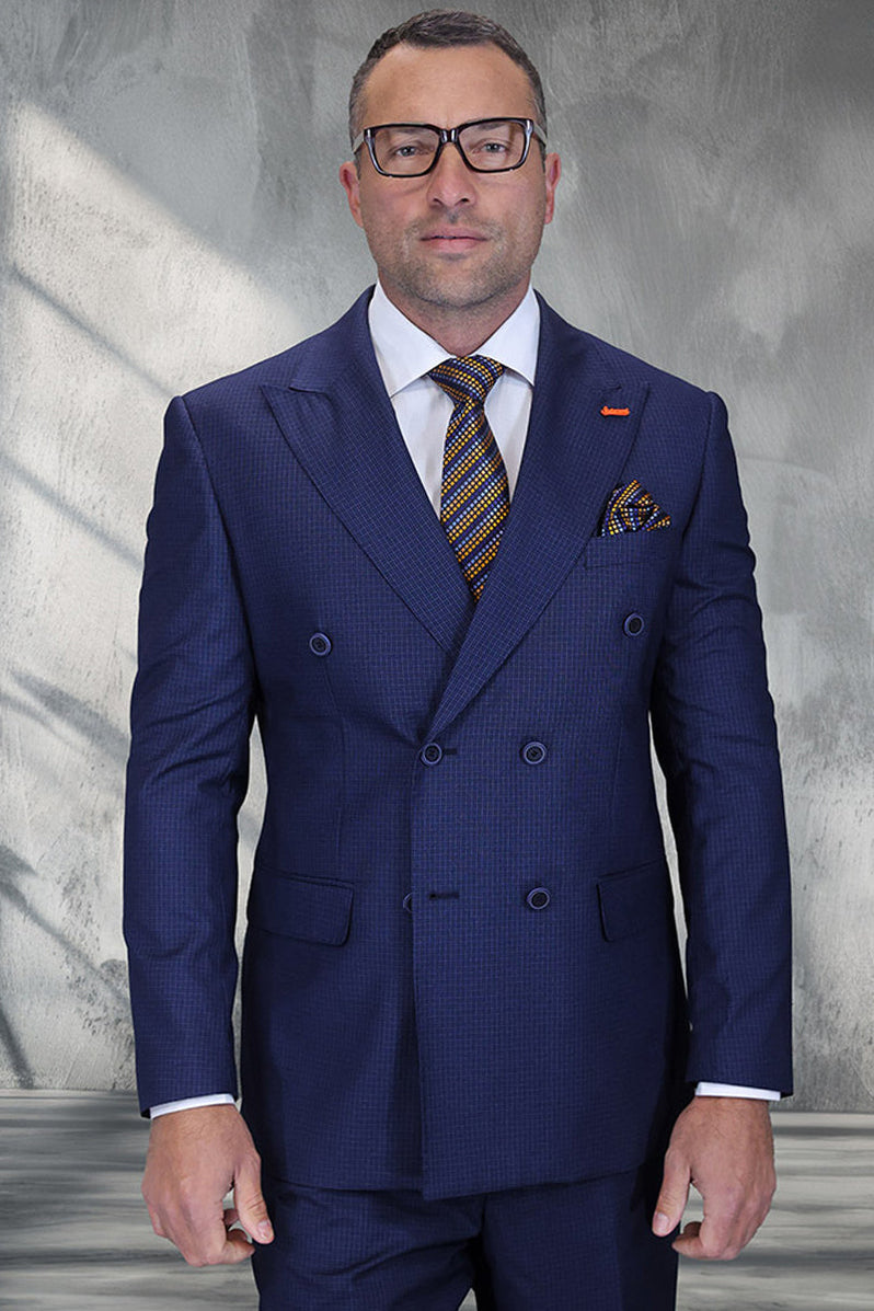 Men's Designer Double Breasted Wool Suit in indigo Blue Micro Plaid ...