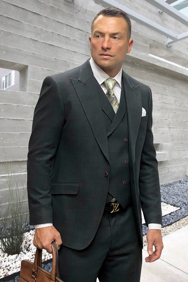 Men's Designer Wool Peak Lapel Suit in Muted Hunter Green Widowpane Pl ...