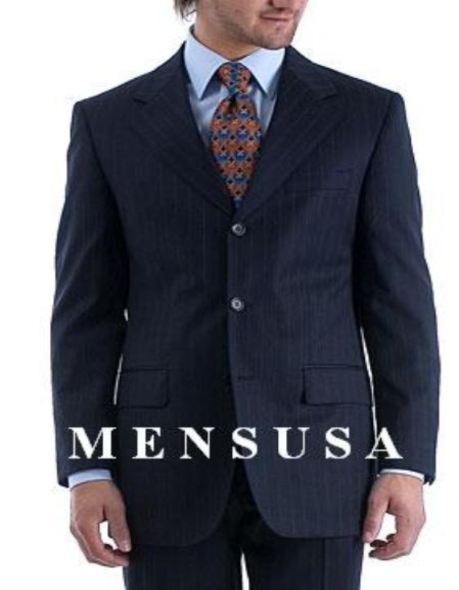 Notch Lapel Side Vented 3 buttons Rich Dark Navy Pinstripe Super 140's ...