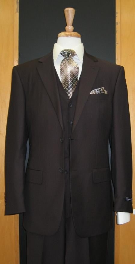 Two Button Brown Flat Front three piece suit — MensUSA