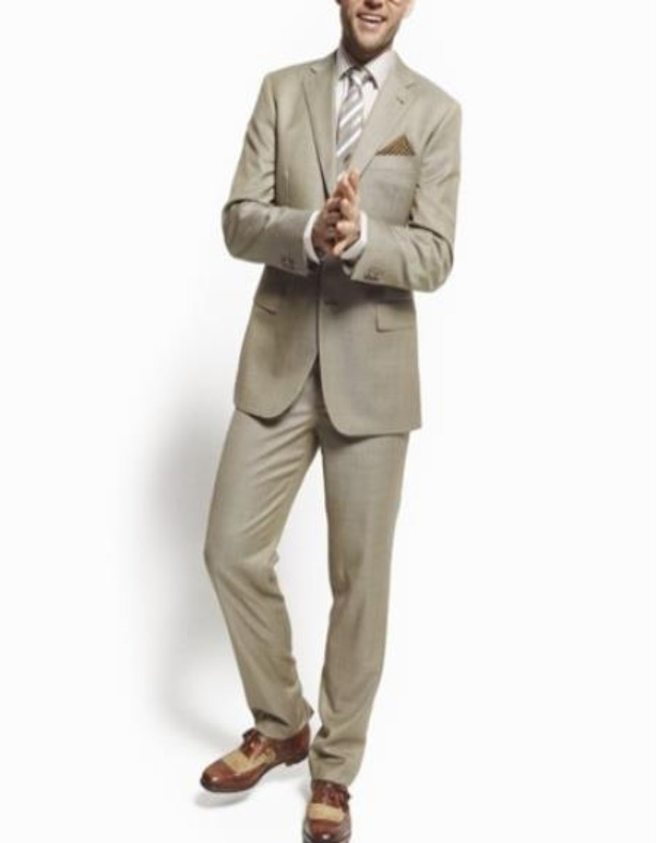 Slim Fitted Brand Tan 2 Button Super 110's Sharkskin Wool Suit — MensUSA