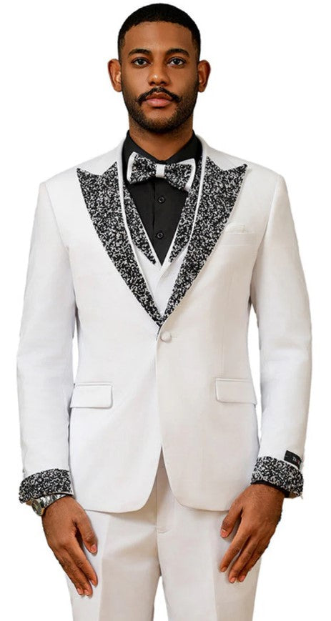 White Prom Tuxedo - Perfect Wedding Suit Vested Rhinestone Lapelled ...