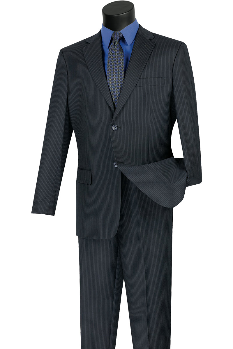 Mens 2 Button Wool Blend Pinstripe Suit in Navy — MensUSA