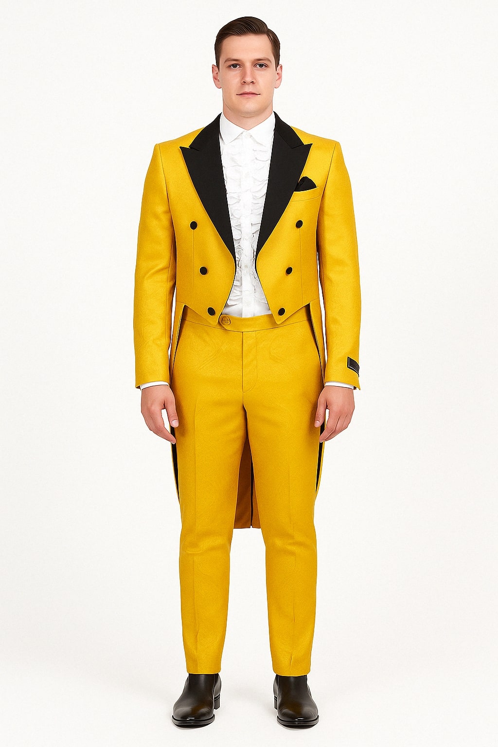 Mens Yellow Tailcoat Tuxedo with Black Lapel and Brocade Detailing – F ...