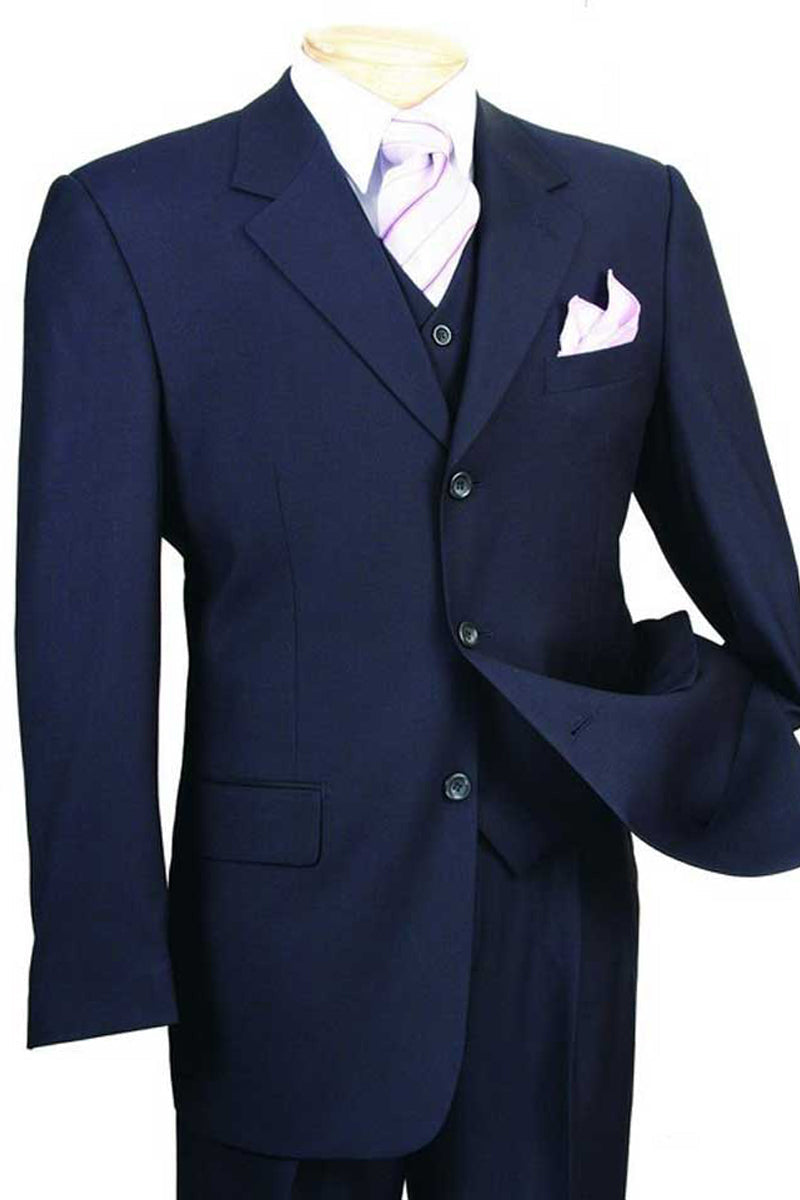 Mens 3 Button Vested Basic Wool Feel Suit in Navy — MensUSA