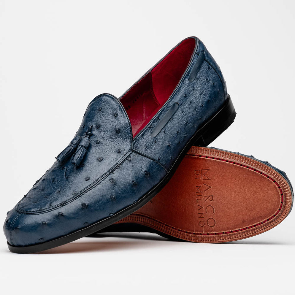 Marco Di Milano Aubiere Navy Blue Ostrich Quill Tassel Loafers — MensUSA