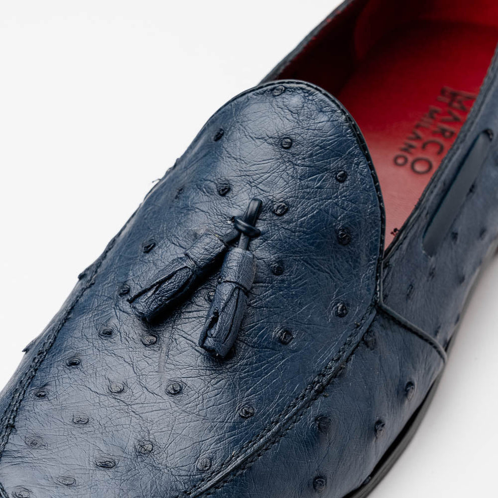 Marco Di Milano Aubiere Navy Blue Ostrich Quill Tassel Loafers — MensUSA