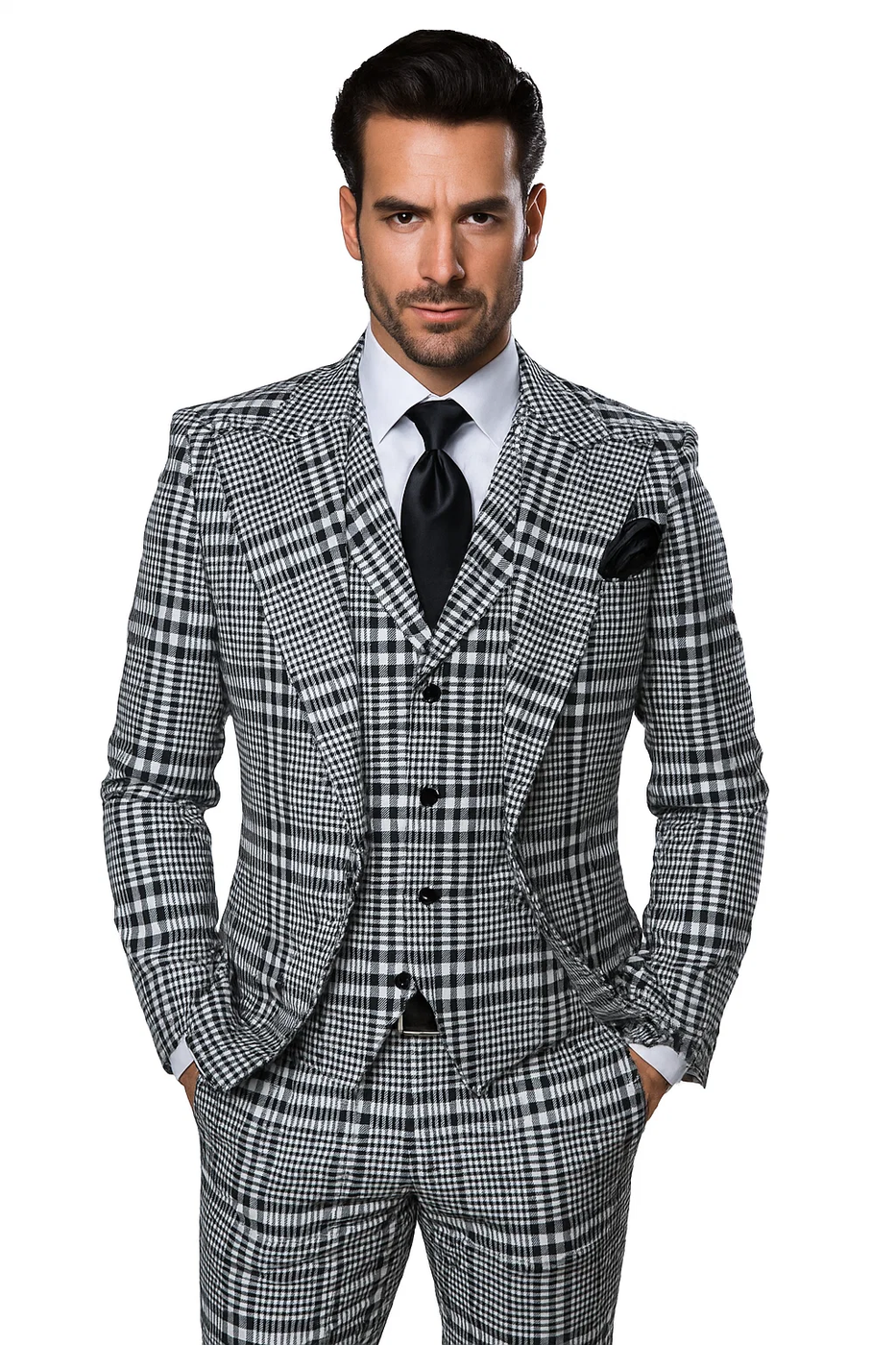 Black Baggy Pleated Wide Leg Wool 3 Piece Suit - Rossiman Classic Fit ...