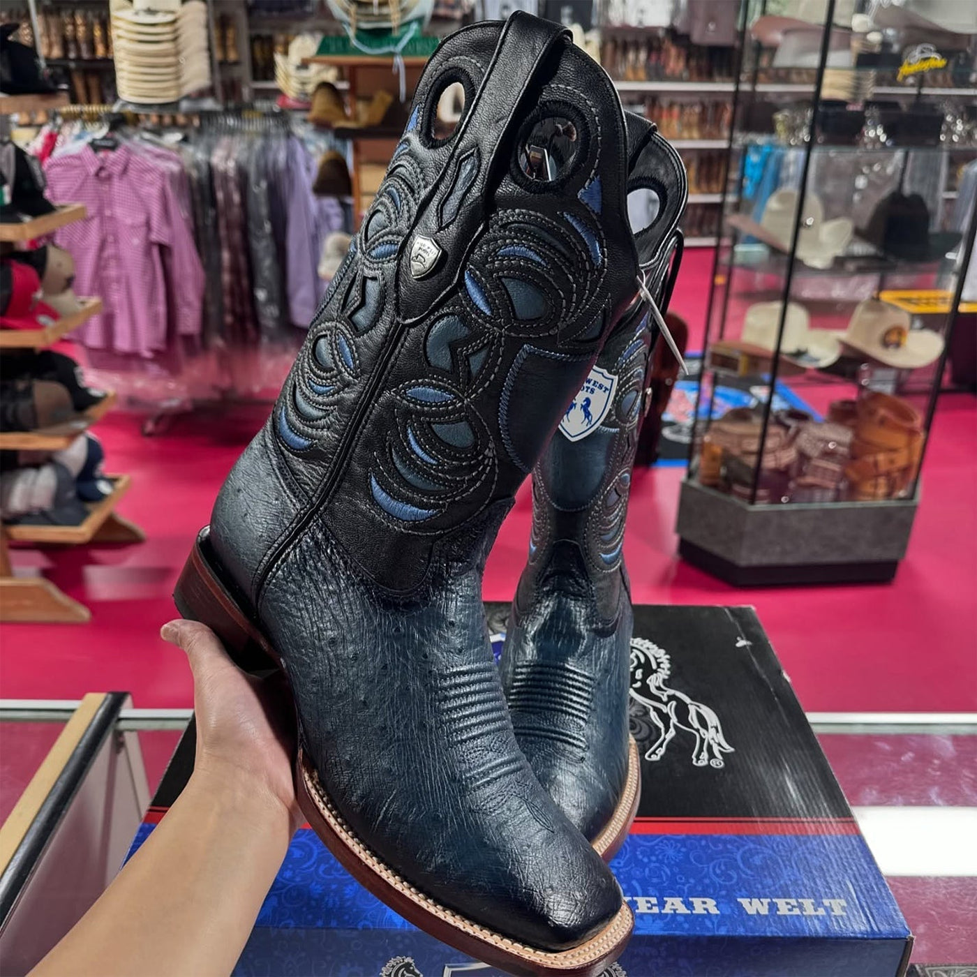 Blue Ostrich Belly Ranch Toe Western Boots — MensUSA
