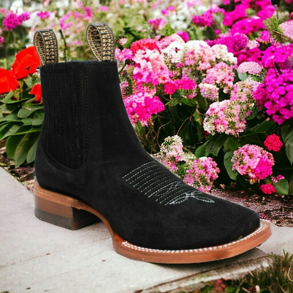 Botines Charros de Gamuza Punta Cuadrada para Mujer Color Negro Q82BJ6 ...