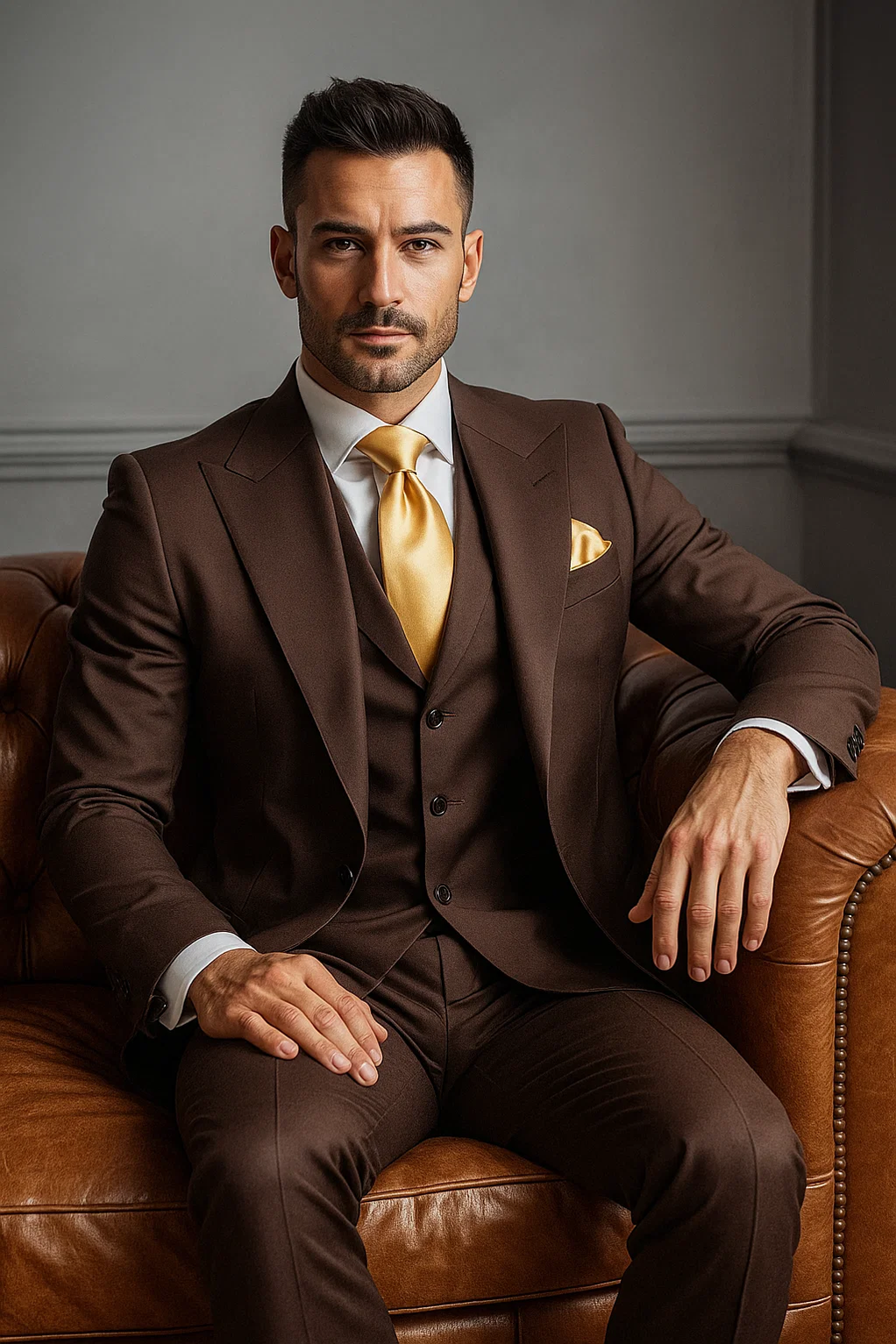 Rossiman Brown Classic Wool 3-Piece Suit - Baggy Pleated Wide Leg Pants ...