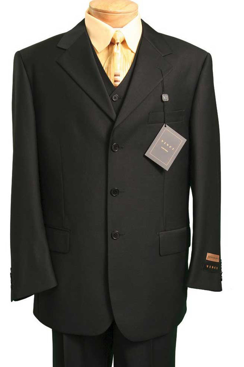 Mens 3 Button Vested Basic Wool Feel Suit in Black — MensUSA