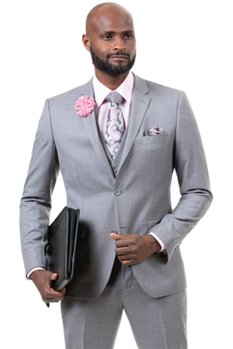 "EJ Samuel Light Grey Sharkskin Weave Vested Business Suit" — MensUSA