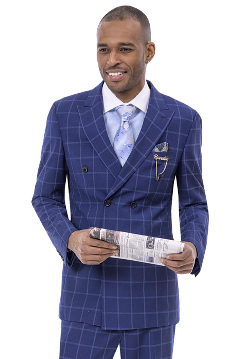 EJ Samuel Men's Classic Navy Windowpane Double Breasted Pleated Pant S ...