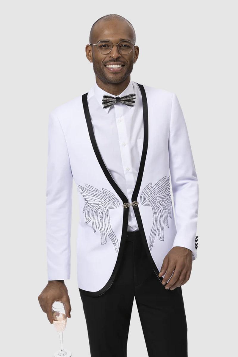 EJ Samuel Collarless White Tux Jacket – Diamond Wing Studs, Black Trim ...