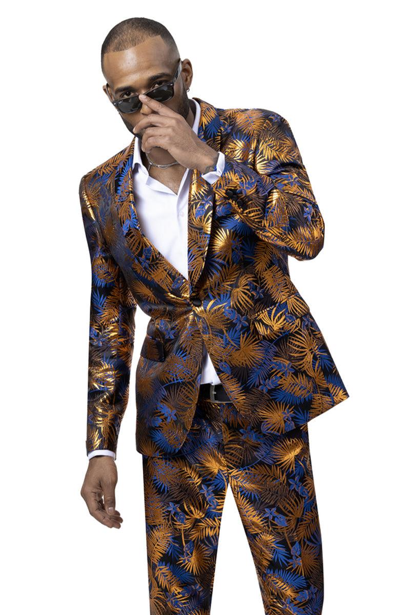 EJ Samuel Men's One-Button Shawl-Lapel Foil Print Suit in Blue/Orange ...