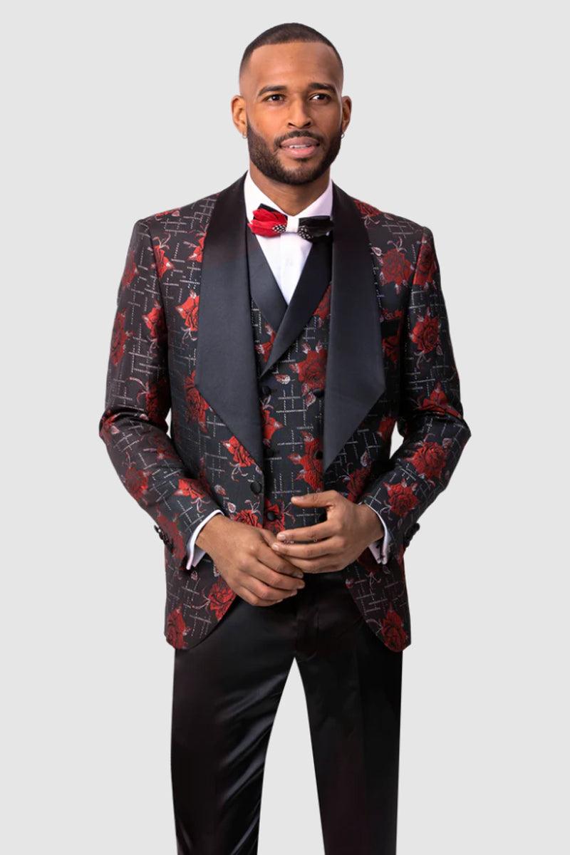 EJ Samuel Men's Vested Tuxedo Blazer w/ Diamond Shawl Lapel & Red Flow ...