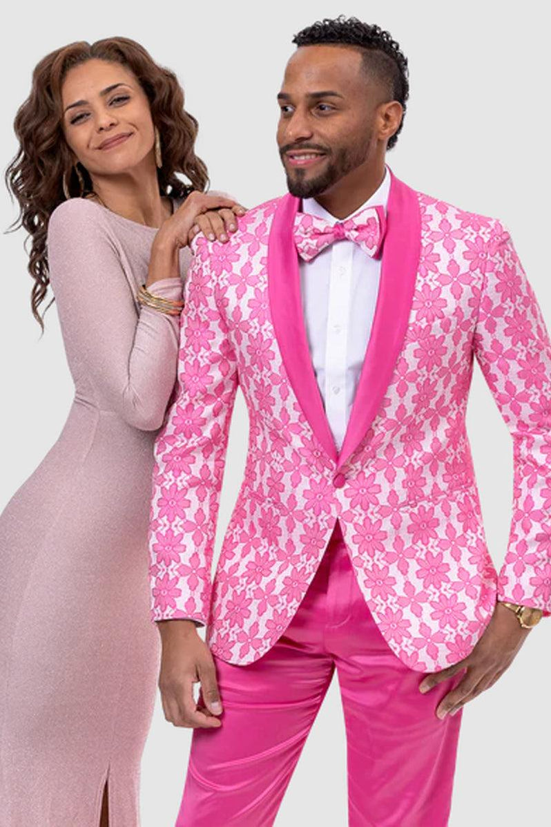 EJ Samuel Slim Fit Hot Pink Floral Lace Prom Tuxedo – Sizes 34–62 — MensUSA