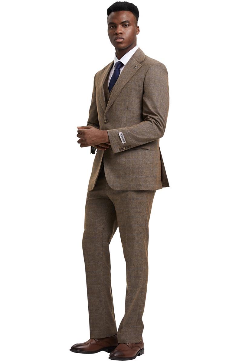 Men's Stacy Adams Modern Fit Vested Suit in Taupe Micro Check Plaid ...