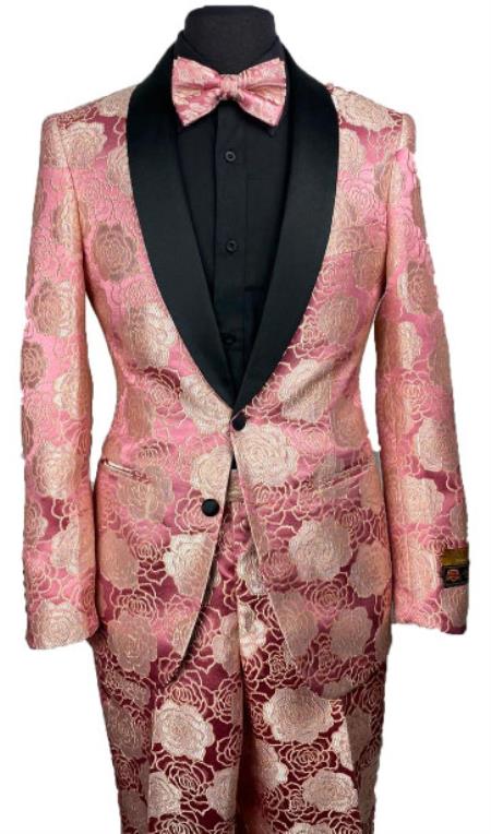Mens Rose Pink Floral Prom Tuxedo Package w/ Matching Pants and Bowtie ...