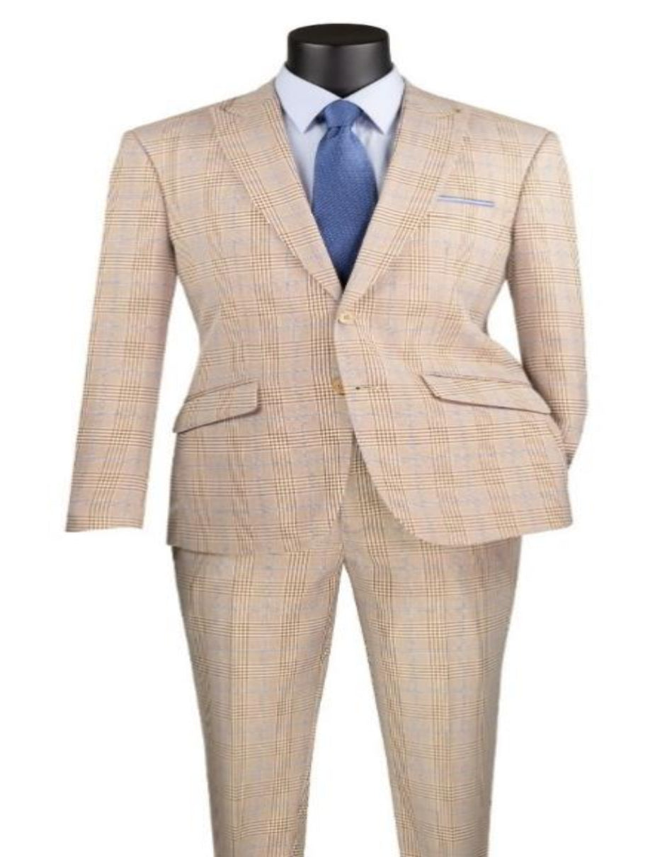 Plaid Suits - Windowpane Beige Suit - Peak Lapel Style — MensUSA