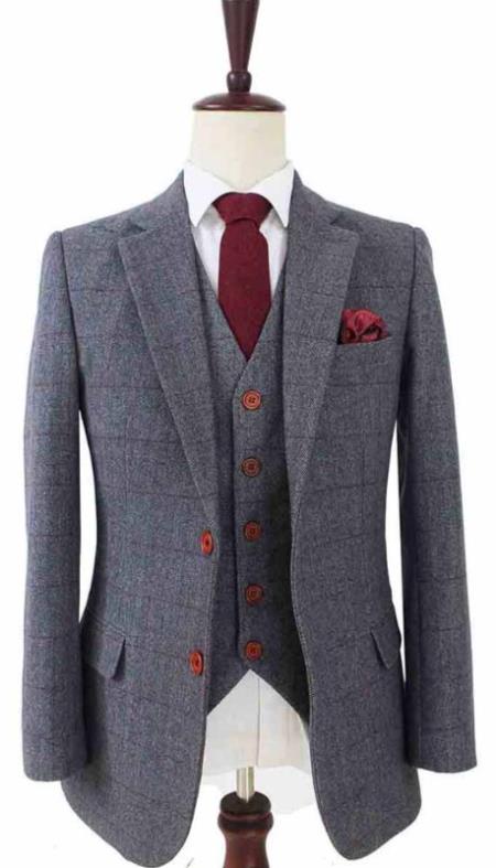 Mens Two Button Notch Label Tweed Suit Grey Herringbone — MensUSA