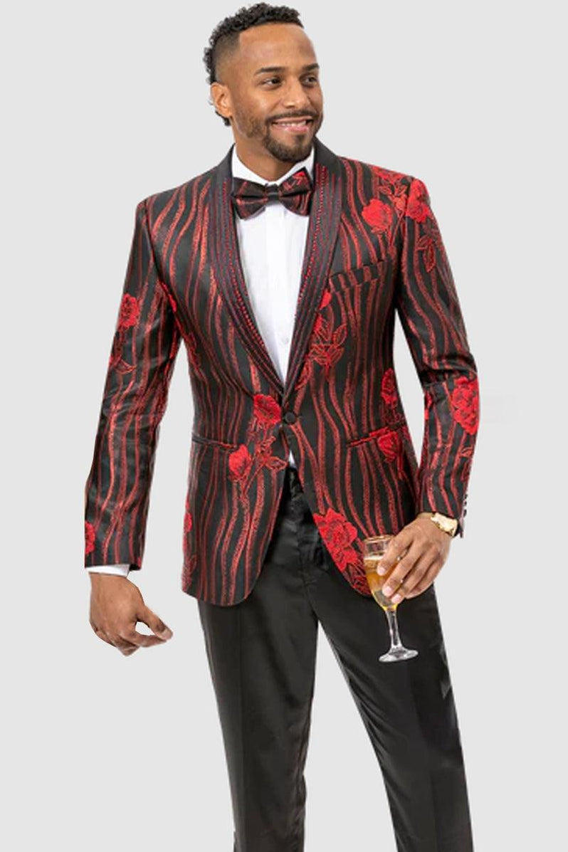 Men's Black Red Floral Wave Pattern Tuxedo by EJ Samuel — MensUSA
