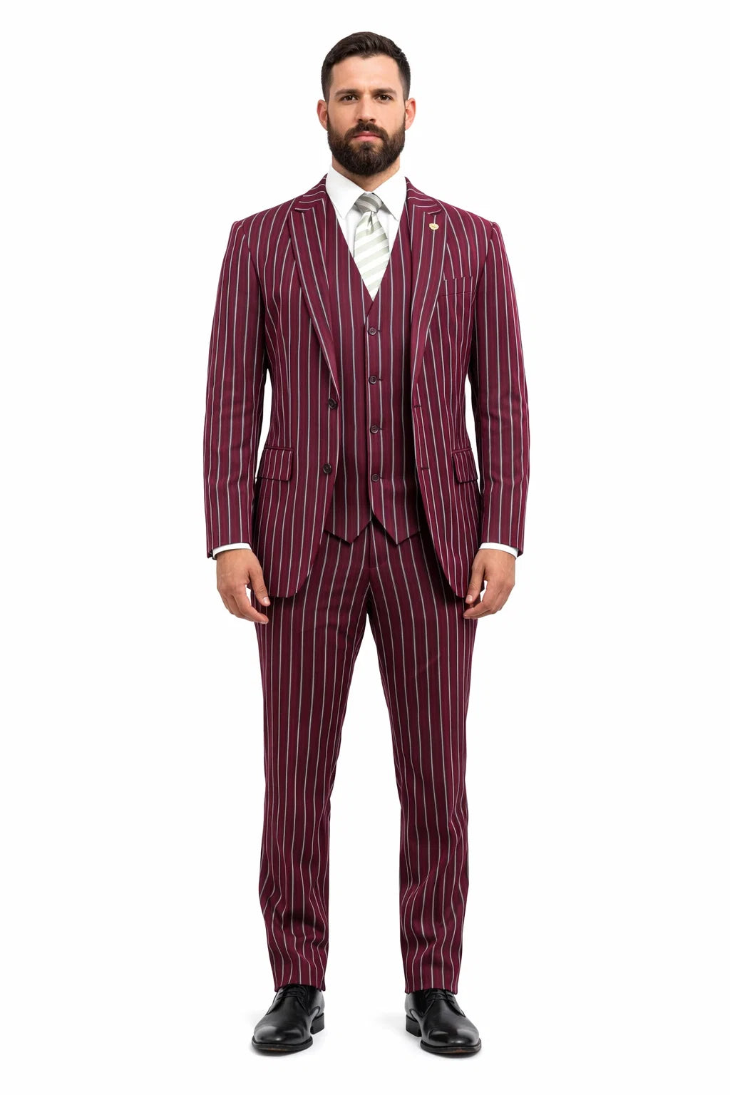 Mens 2 Button Gangster Pinstripe Suit in BLACK / GREY / BURGUNDY — MensUSA