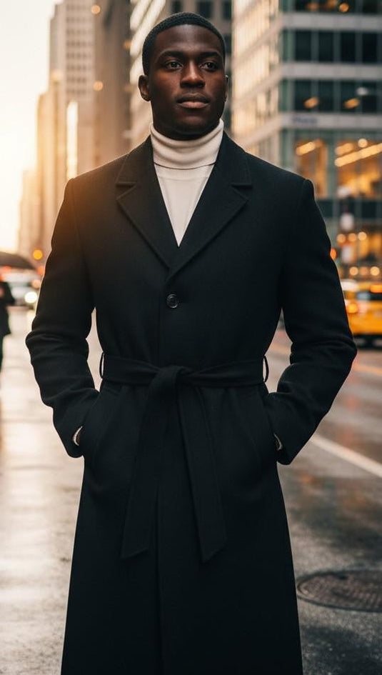 Men's Black Full Length Belted Overcoat Porter — MensUSA