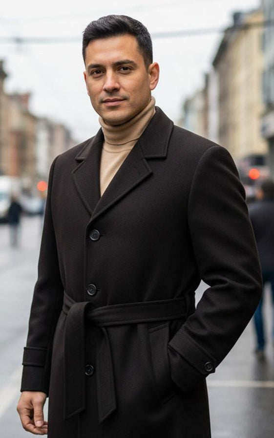 Men's Brown Full Length Belted Overcoat Porter — MensUSA