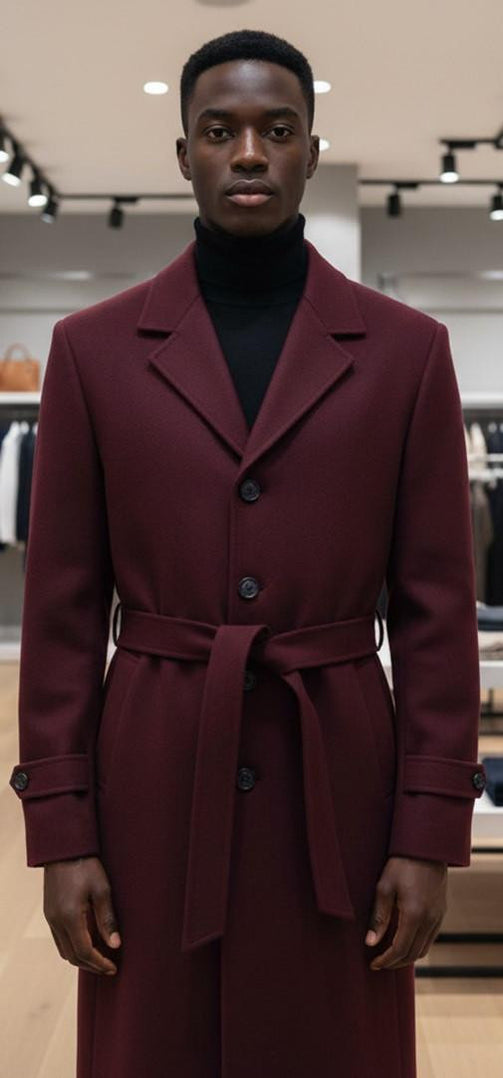 Men's Burgundy Full Length Belted Overcoat Porter — MensUSA