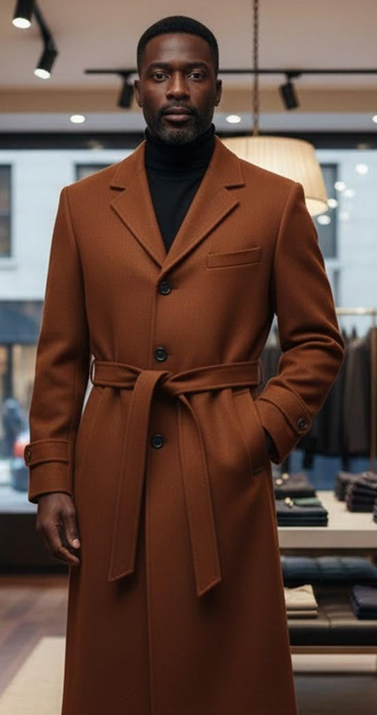 Men's Cognac Full Length Belted Overcoat Porter — MensUSA
