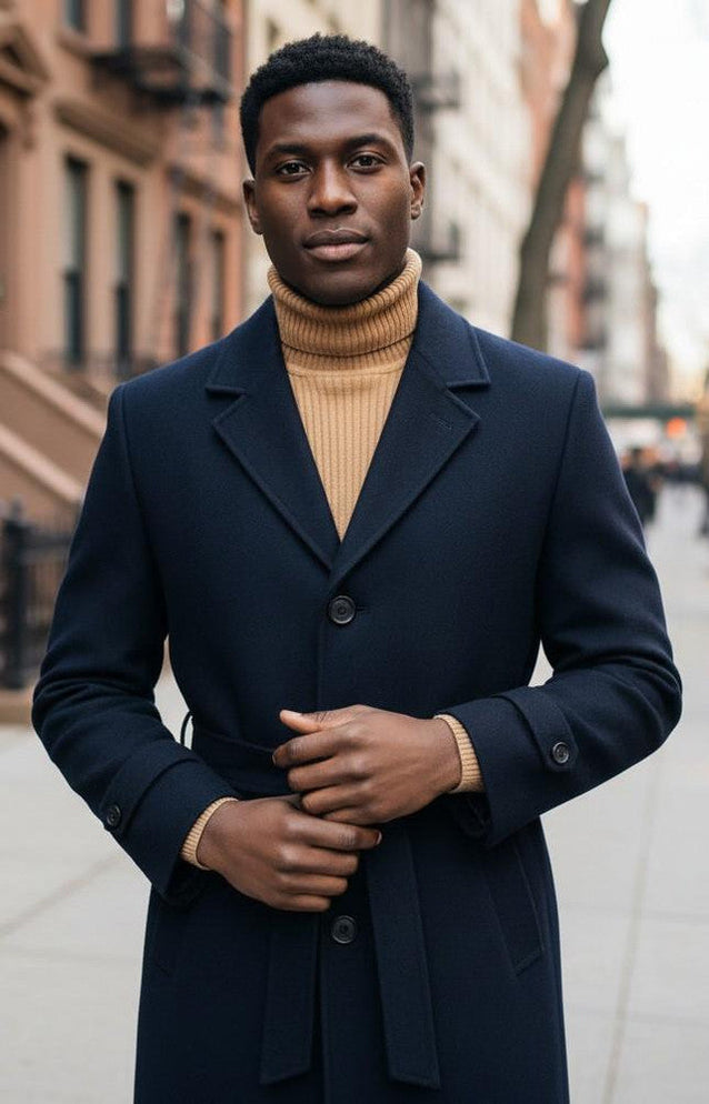 Men's Navy Full Length Belted Overcoat Porter — MensUSA