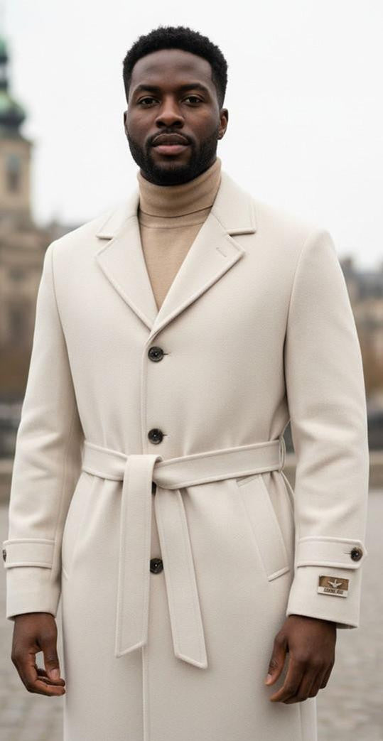 Men's Off White Full Length Belted Overcoat Porter — MensUSA