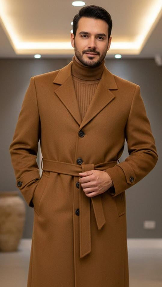 Men's Toasted Light Brown Full Length Belted Overcoat Porter — MensUSA