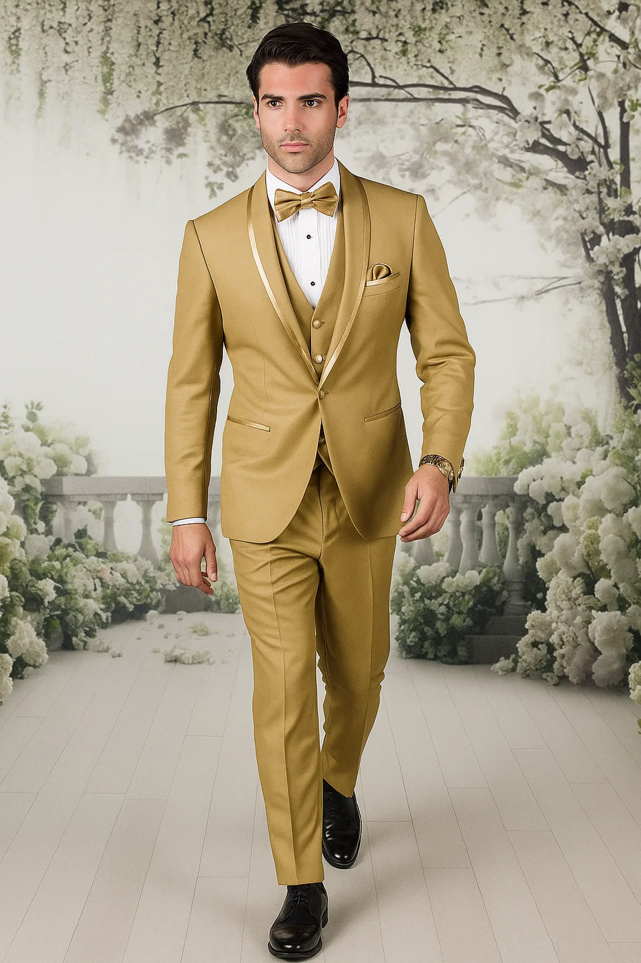 Mens Formal Champagne Tuxedo – Satin Shawl Collar Vested Suit for Prom ...