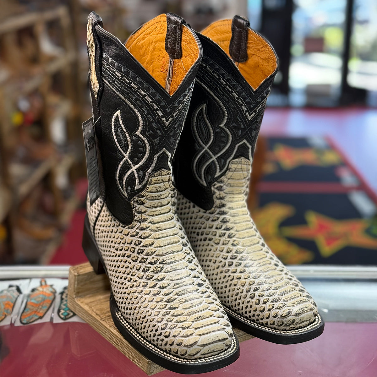 Natural Snake Print Boots Square Toe — MensUSA